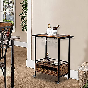 DARDDI Kitchen Island Serving Cart with Stemware Holder and Wine Bottle Racks,Two-Layer Double-Armrest Rolling Storage Cart,360° Omnidirectional Lockable Casters for Home,Dining Room,Office,Restaurant