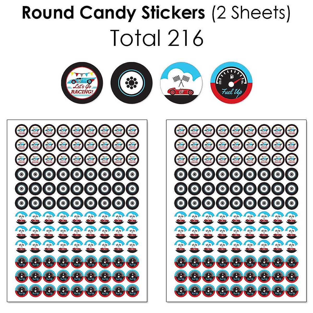Big Dot of Happiness Let’s Go Racing - Racecar - Mini Candy Bar Wrappers, Round Candy Stickers and Circle Stickers - Race Car Birthday Party or Baby Shower Candy Favor Sticker Kit - 304 Pieces