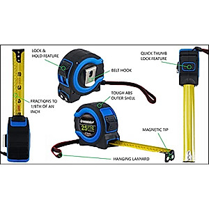 Greendale - 3 Pack - 25 ft Tape Measures - Easy to Read Fractions to 1/8th inch - Magnetic Tip - Thumb and Quick Lock - Autowind - Belt Clip