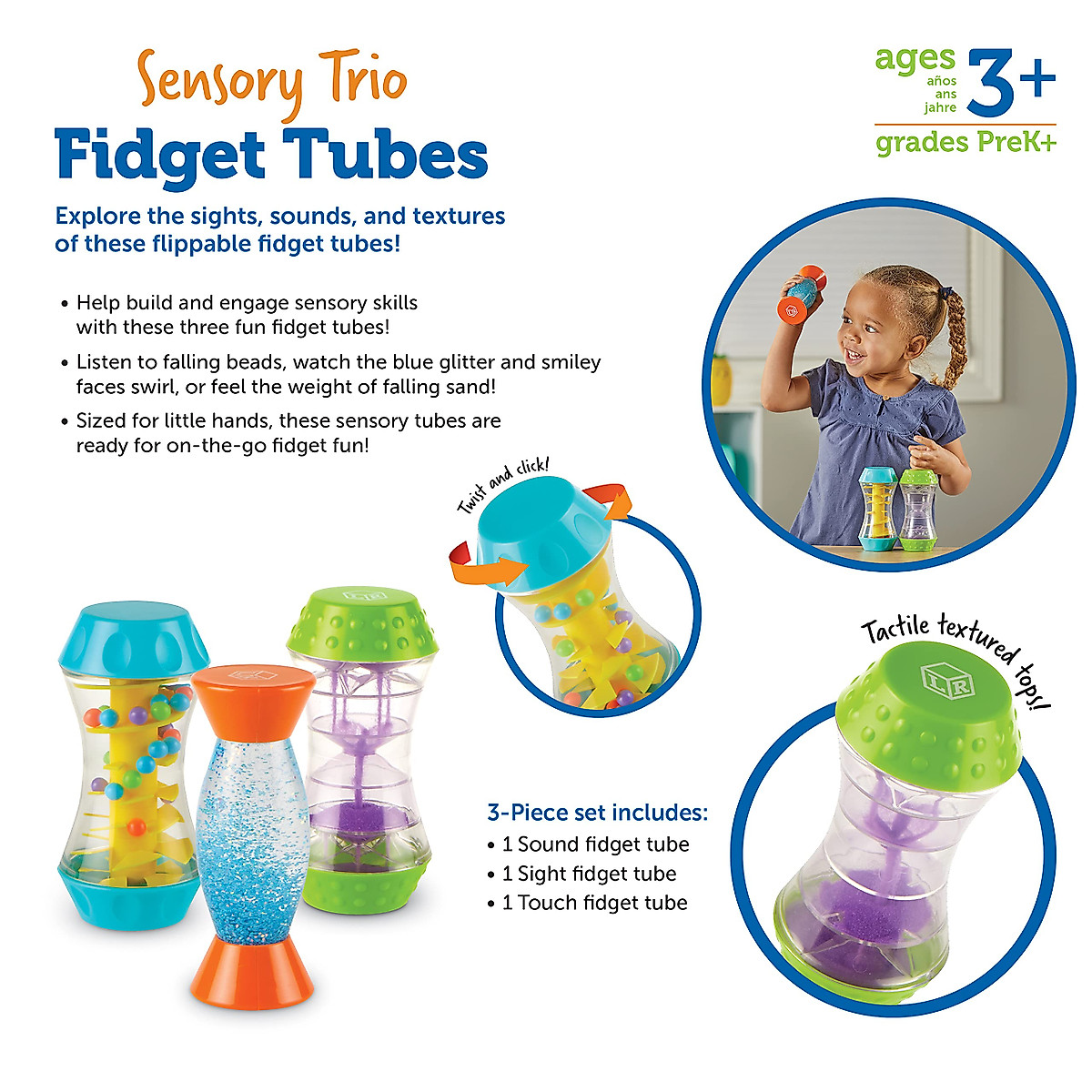 Learning Resources Sensory Trio Fidget Tubes - Creativity For Kids, Bottles For Toddler, Kids Travel Essentials Toys, Fine Motor Skills Gifts, Calm Down Corner Supplies, Bin Activities