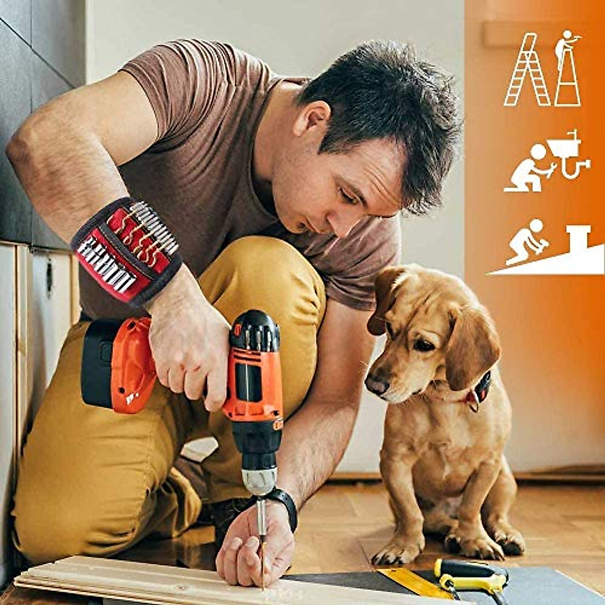 Magnetic Wristband, Perfect for Dad, Tool Belt with 15 Magnets for Holding Screws, Nails, Drill Bits, Cool Gadgets for Men, Women, Dad, Husband, Carpenters(red)1