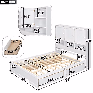 GM Ultra Queen Size Bed Frame with Storage Headboard, Bed Frame Queen Size with 4 Storage Drawers Cabinet, Platform Bed Frame Queen Size with Cabinet, No Box Spring Needed, Easy Assembly, White