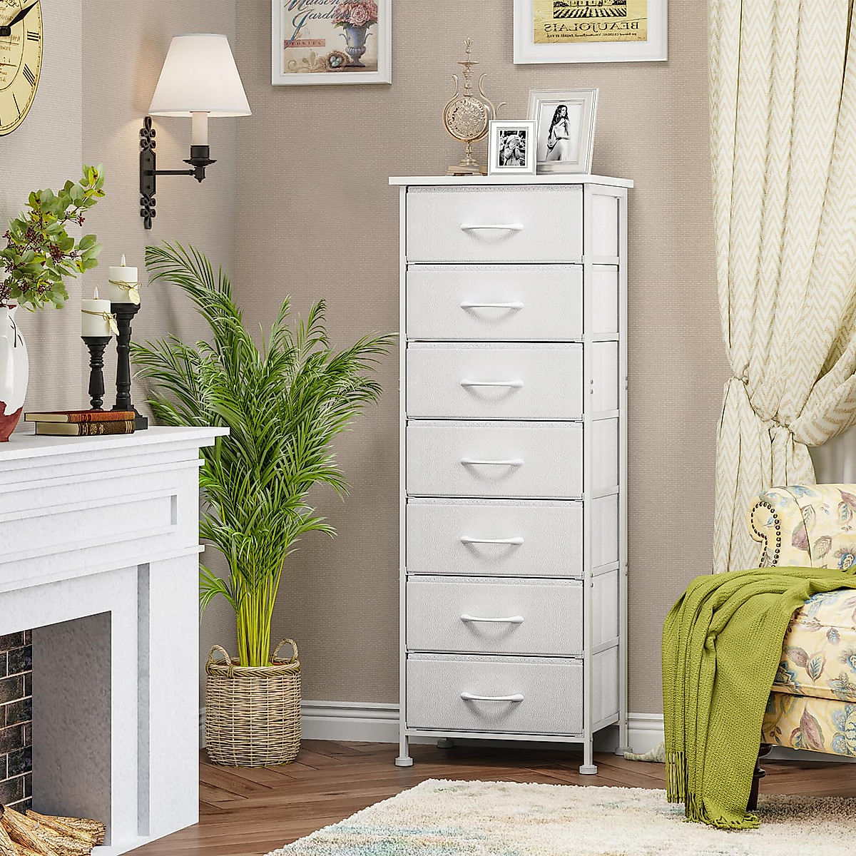 Fixwal White Tall Dresser for Bedroom, Storage Dresser Organizer with 7 Fabric Drawers, Nightstand Furniture in Closet, Entryway, Hallway