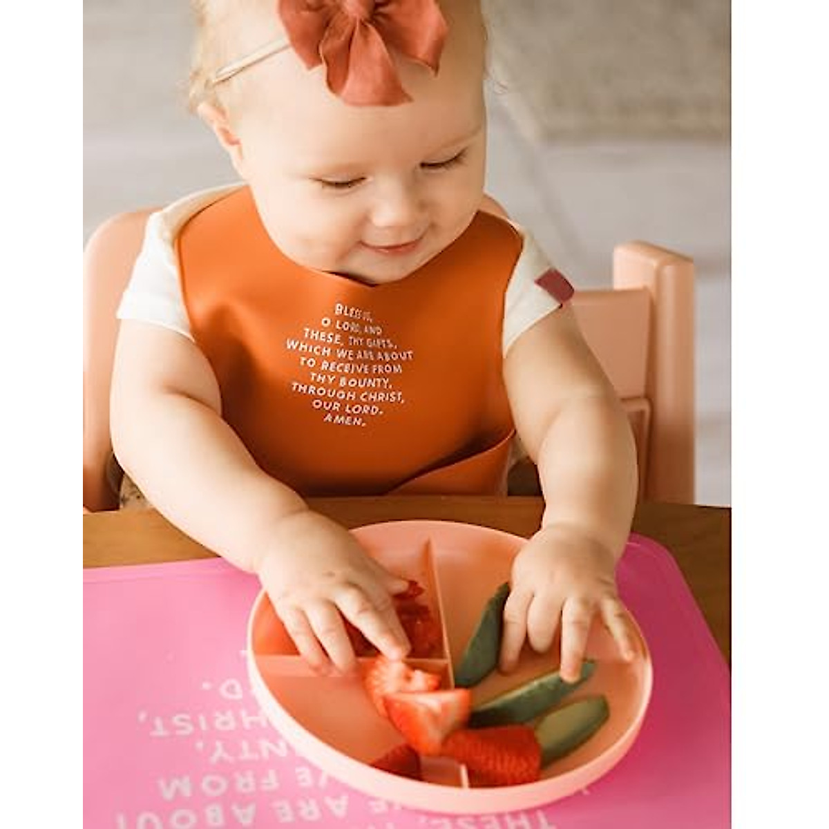 Be A Heart Catholic Silicone Bibs for Babies & Toddlers, Meal Blessing Prayer Bib, Baby Baptism Gift (Ube)