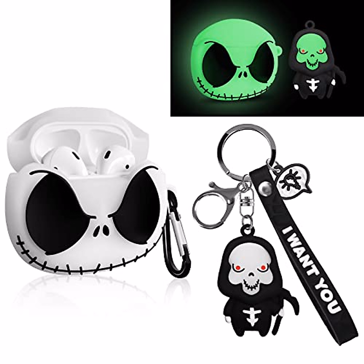 MOLOSLEEVE Compatible with Airpods Case Cover with Keychain, Halloween Luminous Skull for Airpods 2nd & 1st Generation Cases, Soft Silicone Cute Funny Anime Case for Apple Airpods 2/1