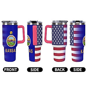 U.S.A Kansas State Flag 40oz Water Bottle Double Wall Insulated Tumbler with Handle Leakproof Travel Mug Light Rose Red-style