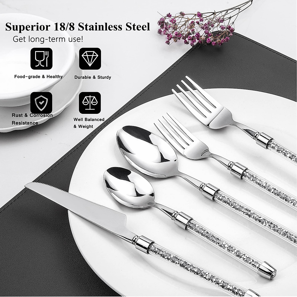 SHYFOY 5 Piece Modern Bling Silverware Set, 18 8 Stainless Steel Flatware, Mirror-Polished Luxury Cutlery, Crushed Diamond Dinner Service, Fork Knife Spoon, Teaspoon/Salad Fork Dishwasher Safe