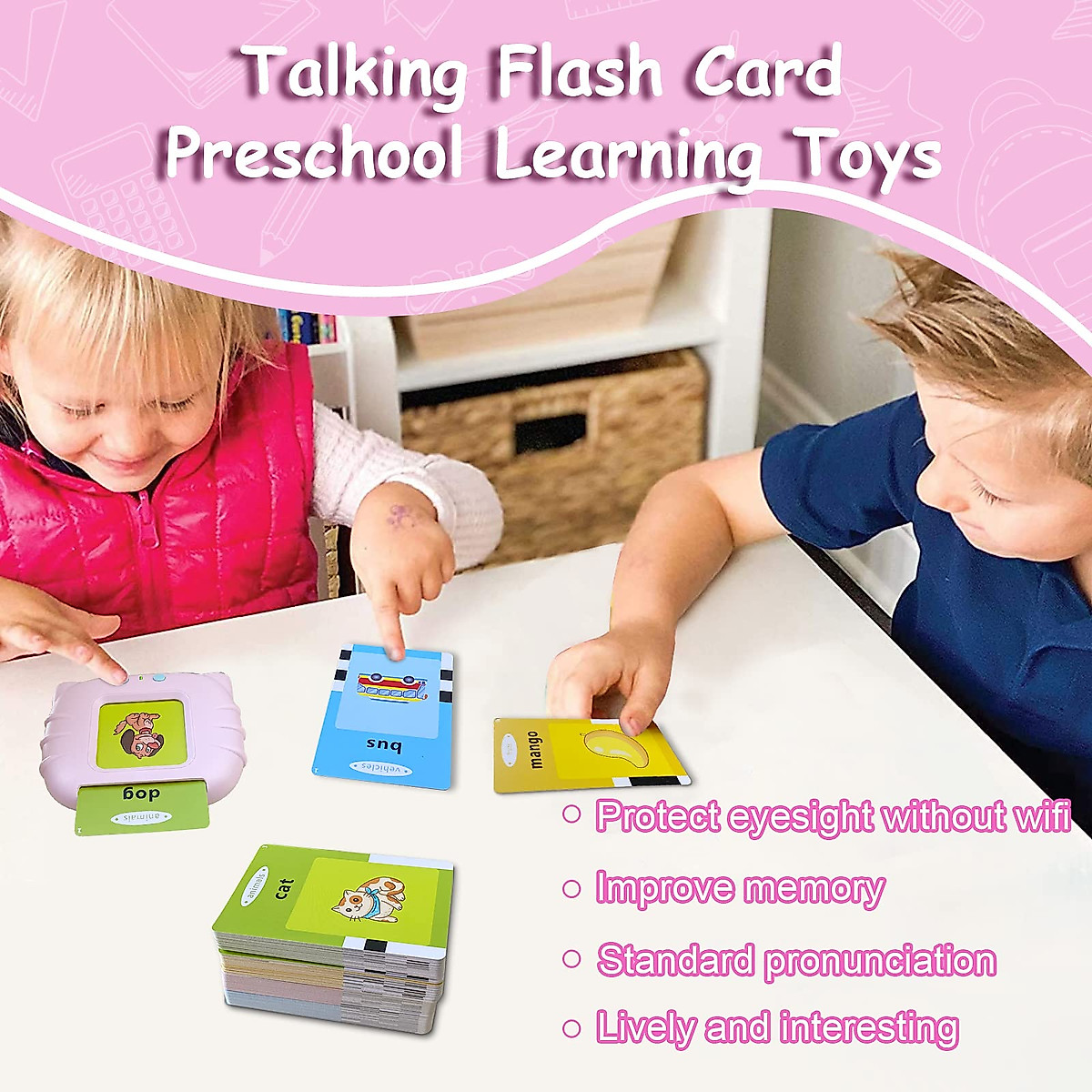 Talking Flash Cards Educational Toys - Talking Flashcards Learning Toys for Toddlers - Montessori Toys Flash Cards for Age 2 3 4 5 6 Pink