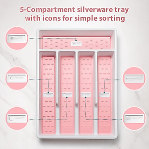Joequality Silverware Organizer with Icons，Plastic Cutlery silverware Tray for Drawer，Utensil Flatware Tableware Organizer for Kitchen with Non-slip TPR,Fits Standard Drawer,5-Compartment,Pink
