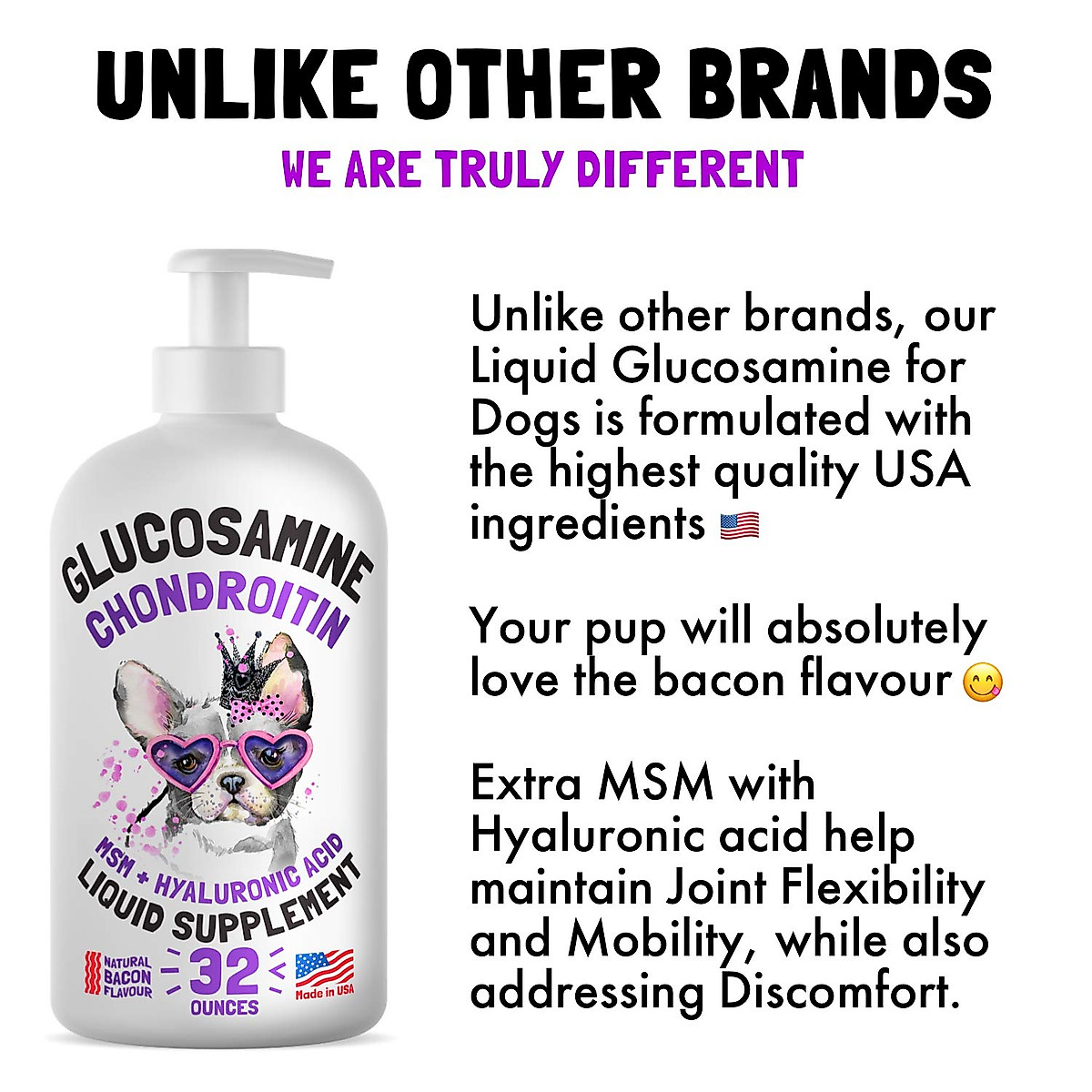 Liquid Glucosamine for Dogs Bacon Flavour Chondroitin, MSM & Hyaluronic Acid K9 Supplement Hip and Joint Formula Advanced Mobility Joint Pain Relief Senior Advanced Supplement for All Breeds 32 oz