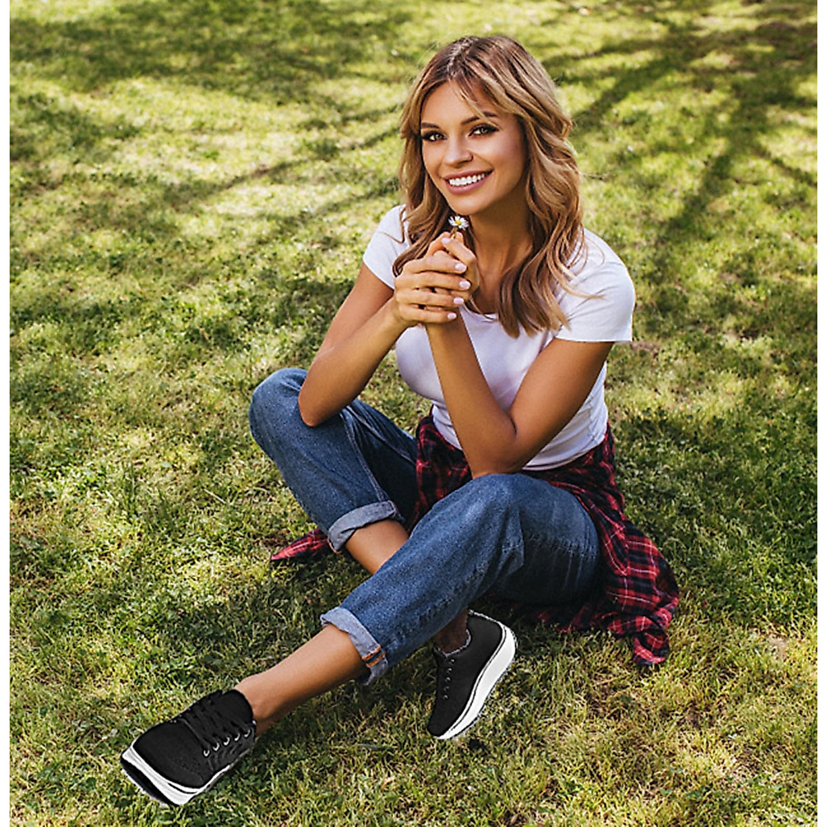 DADAWEN Women's Slip On Breathable Mesh Walking Tennis Shoes Lightweight Comfort Wedge Platform Casual Sneakers for Gym Travel Work Black US Size 7.5