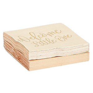 BLUE PANDA 50 Pack Pink Baby Shower Napkins - “Welcome Little One”Light Tan Napkins with Gold Foil for Baby Shower Decorations (5x5 In) - Baby Shower Napkins for Girl - Napkins for Baby Shower