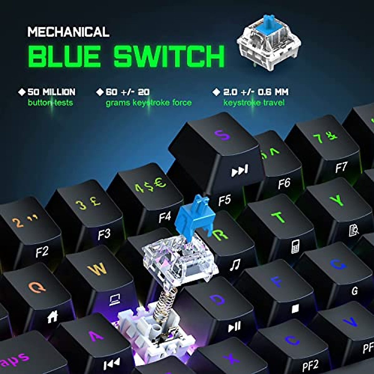 Compact 60% Mechanical Gaming Keyboard with Ergonomic Anti-ghosting Mini 61 Key Layout Rainbow RGB Backlight Waterproof Metal Plate Type-C USB Wired for PC Mac Gamer Office Typist (Black/Blue Switch)