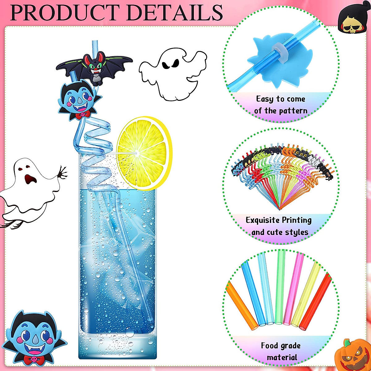 24 Pcs Halloween Party Favors Halloween Straws Reusable Plastic Crazy Straws Bats Pumpkin Cat Ghost Straws with 2 Cleaning Brush for Kids Halloween Party Supplies Birthday Decoration, 8 Styles