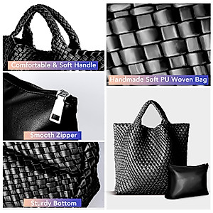 Ann Bully Woven Bag for Women, Vegan Leather Tote Bag Large Summer Beach Travel Handbag and Purse Retro Handmade Shoulder Bag-Black