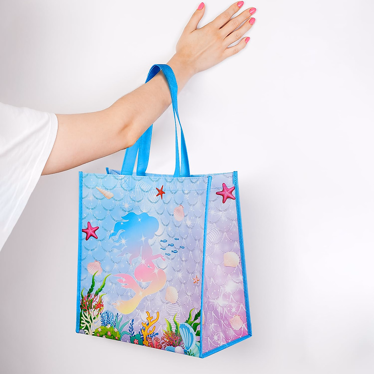 BLEWINDZ Large Gift Bags with Tissues – 3Pcs Mermaid Girls Kids Tote Reusable Gift Bags with Handles for Birthday Party Favors, Baby Showers, Shoppings (13" x 7" x 13.2")