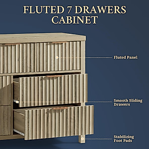 Fluted 7 Drawers Dresser for Bedroom, Tall Modern Bedroom Dressers, Chest of Drawers for Bedroom Wide Mid Century TV Stand Dresser Organizer for Bedroom Living Room Hallway, Sunwashed Ash Oak