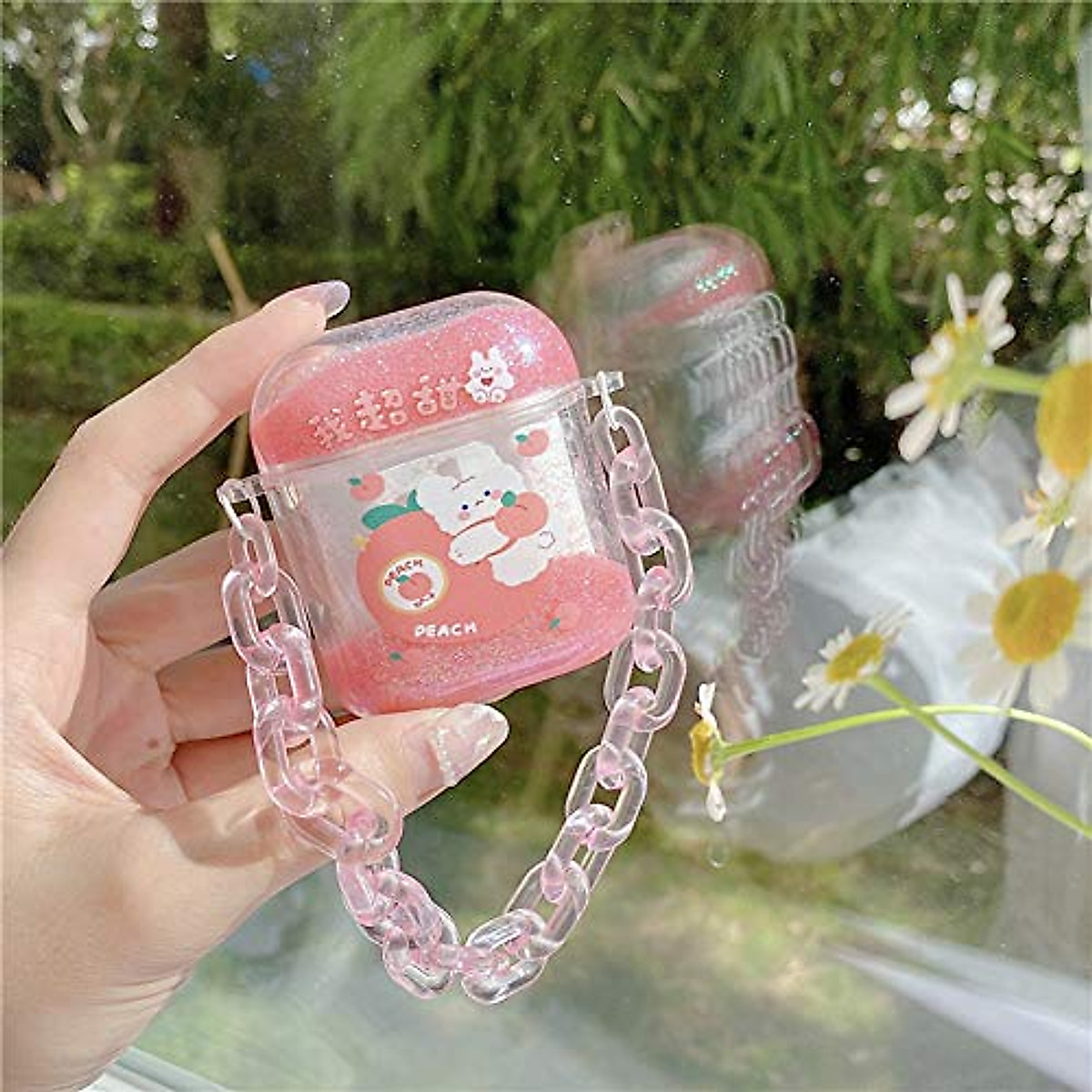 SGVAHY Cute AirPod Case for Apple AirPods 1&2 Kawaii Clear Liquid Sequins AirPod Case Cover Silicone Protective AirPod Case 1st 2nd Generation Wireless Charging Box with Color Chain (Bunny Peach)