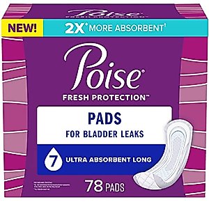 Poise Incontinence Pads & Postpartum Incontinence Pads, 7 Drop Ultra Absorbency, Long Length, 78 Count, Packaging May Vary