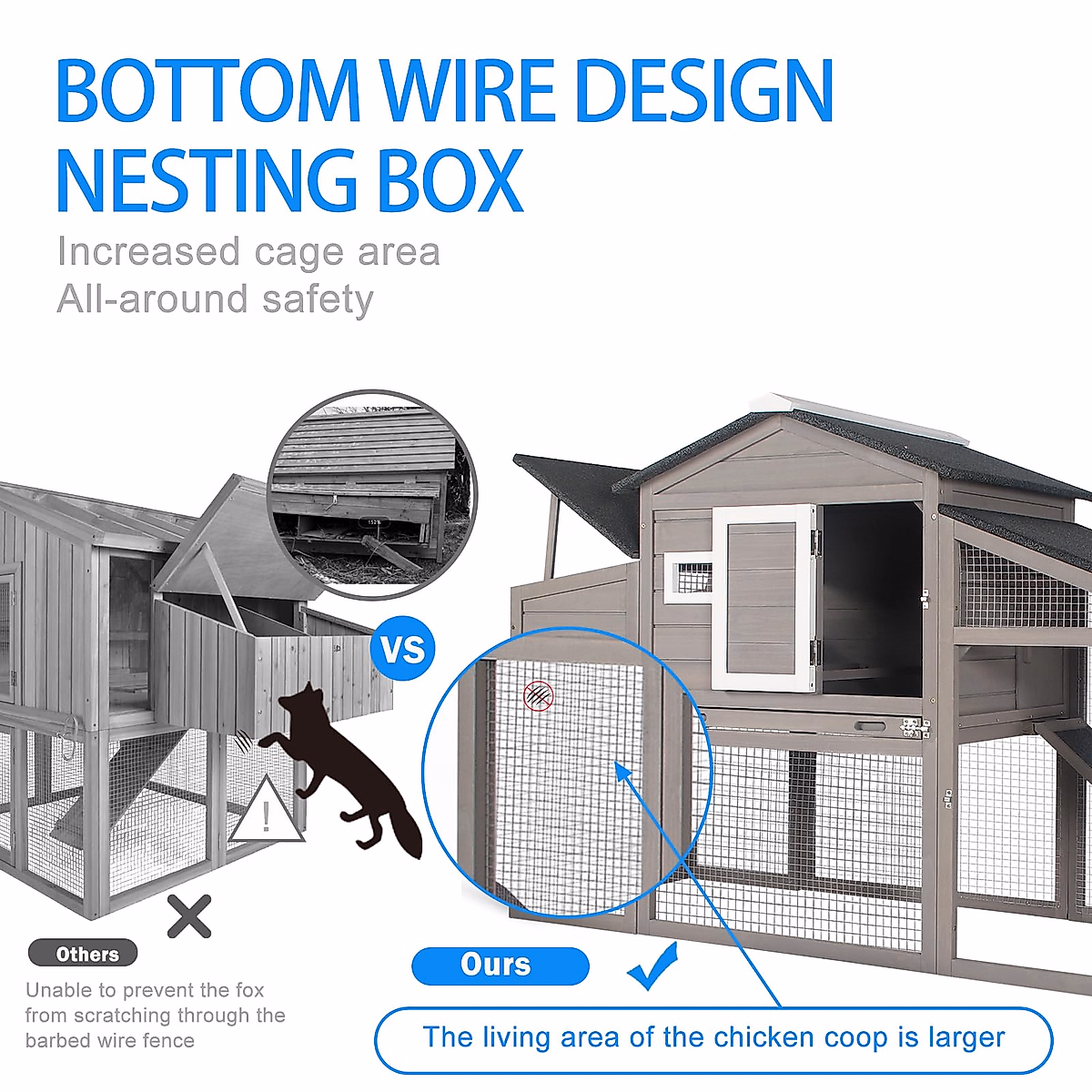 PetsCosset Chicken Coop Wooden Backyard Hen House - Indoor Outdoor for 2-3 Chickens, 2 Story Poultry Cage with Run, Chicken Nesting Box, Pull Out Trays and Anti-Slip Asphalt Ramp
