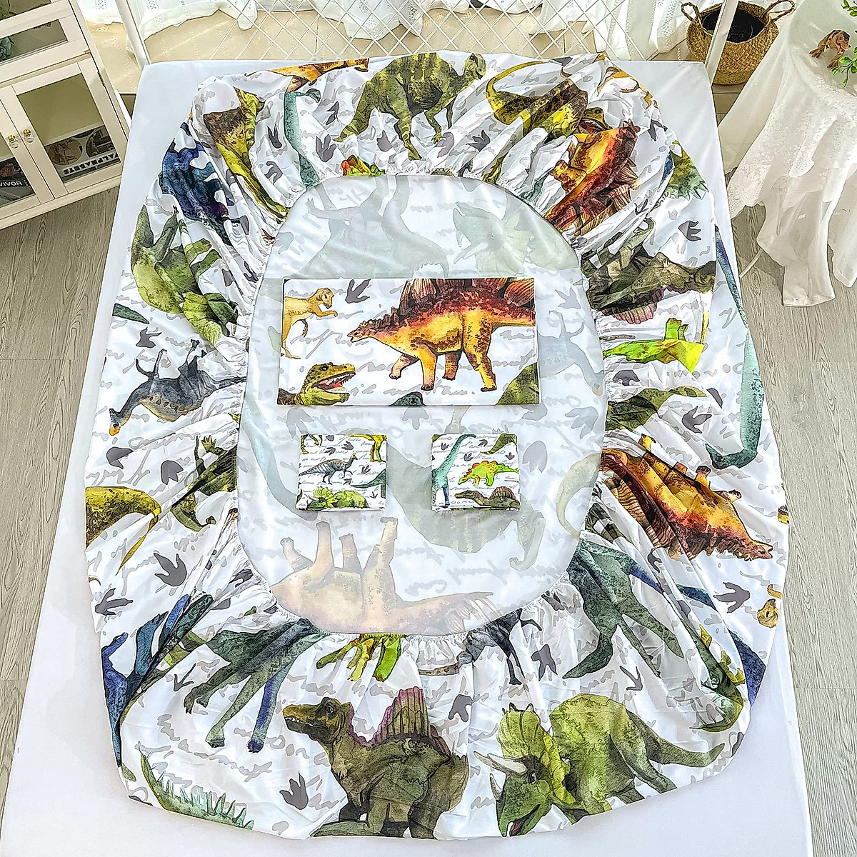BailiPromise Dinosaur 4 Piece Kids Sheets Queen Size,Jurassic Dinosaur Bedding Sheet Set,Boys Printed Flat Sheet Fitted Sheet with 16" Deep Pocket,100% Microfiber Ultra Soft and Skin Friendly