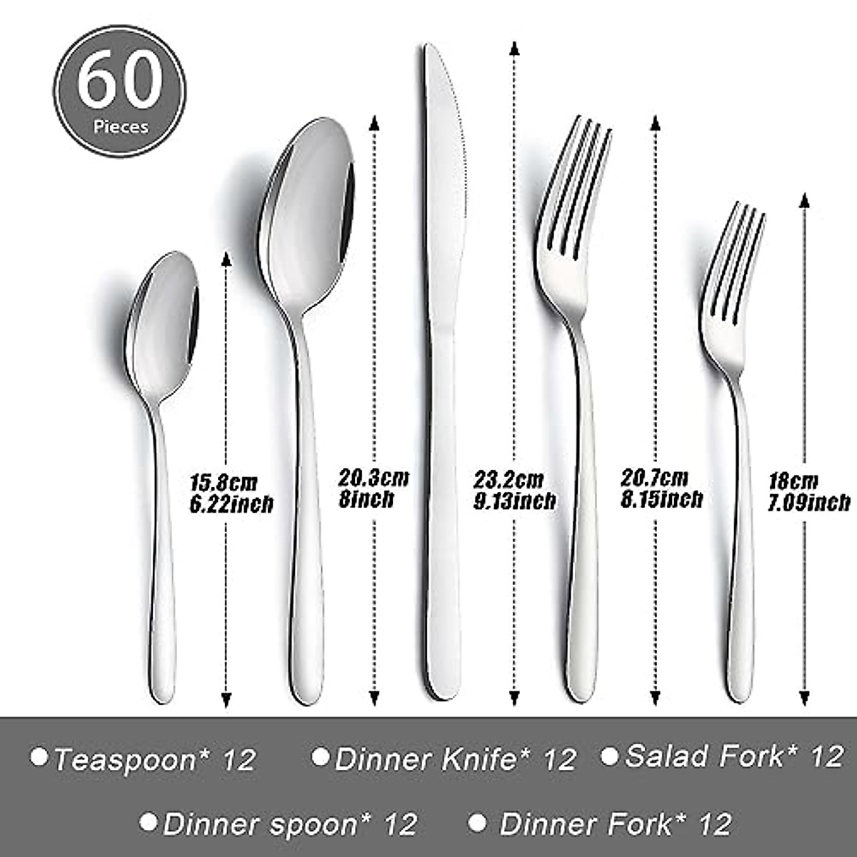Silverware Set for 12, APEO 60 Piece Food-grade Stainless Steel Flatware Set, Kitchen Cutlery Set Includes Forks, Spoons and Knives, Utensils Set for Home Restaurant, Dishwasher Safe