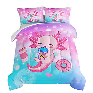 HOSIMA Axolotl Twin Comforter Set Cute Animal Bedding Room Decor for Teen Girls Dessert Milk Tea Donut Bed Princess Toddler Bedding Set Fantasy Blue Purple Twin Bed in a Bag Sets for Adults Teens.