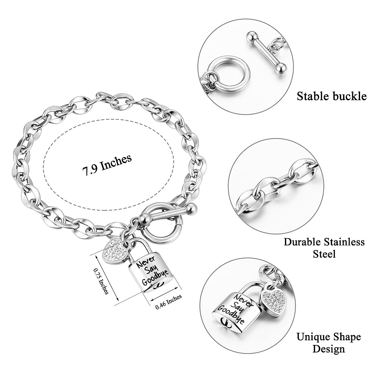 abooxiu Lock Urn Bracelet for Ashes Crystal Heart Cremation Bracelet for Ashes Stainless Steel Ash Bracelet for Men Women Memorial Ashes Holder Silver