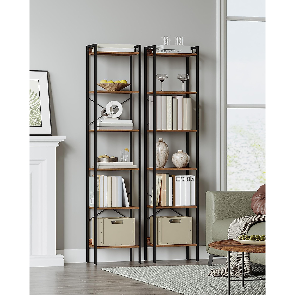 Hzuaneri Bookshelf, Book Shelf, Industrial Bookcase with 2 Hooks, Coner Shelf Storage Organizer for Home Office, Living Room, Bedroom, Kitchen, 6-Tier Rustic Brown BC10701B