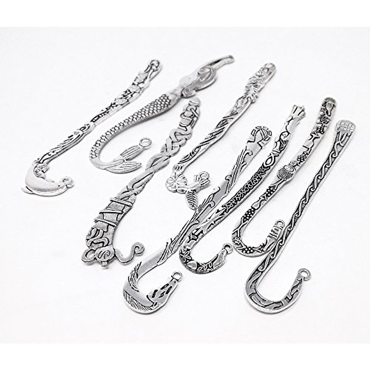 yueton 8pcs Mixed Pattern Antique Silver Metal Carved Hook Bookmarks