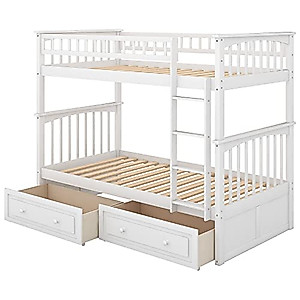 GLORHOME Twin Over Twin Wood Convertible Bunk Bed with Storage Drawers and Full Length Safety Guard Rails,Space Saving Bedroom Furniture, Can Be Converted into 2 Beds
