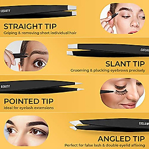 EXCLAIM BEAUTY Tweezers for Women & Men Pack of 4 Stainless Steel Tweezers Set, Precision Tweezers for Eyebrows Splinter Ingrown Hair Removal Tweezers Kit for Women with Leather Case – Matte Black