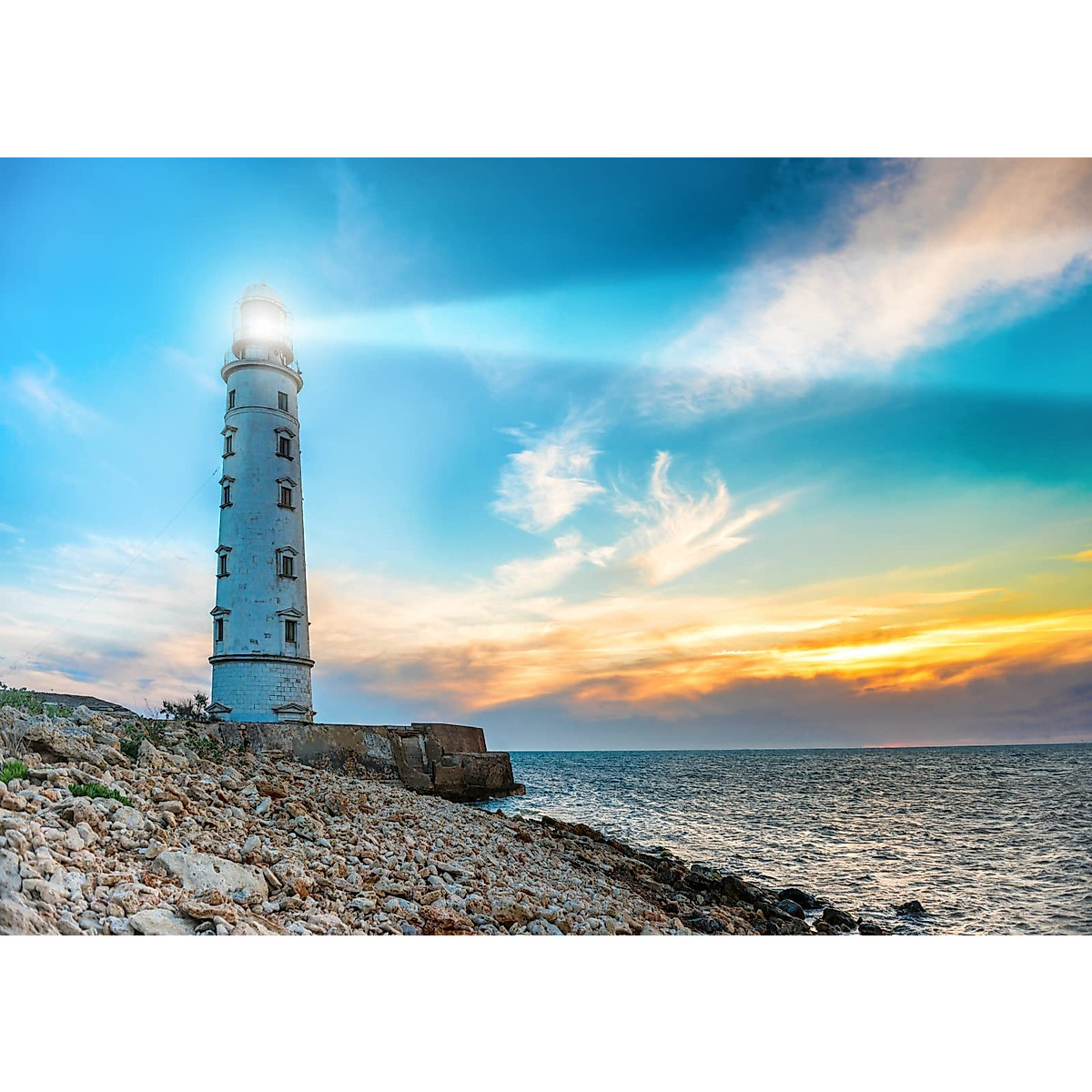 BELECO 7x5ft Fabric Seaside Lighthouse Backdrop for Photography Lighthouse Searchlight Beam Sunset Seascape Scenery Background Nautical Party Decorations Studio Booth Photo Props