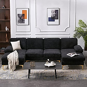 POULEII Sectional Sofa,Modern U-Shape Modular Sectional Sofa Sleeper Couch with Chenille Fabric and Gold-Plated Feet for Living Room, Apartment, Office,Black