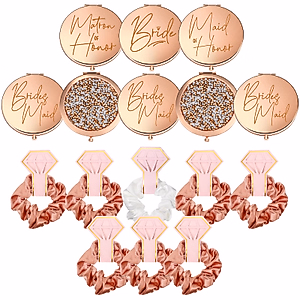 16 Pcs Proposal Gifts Set Compact Pocket Mirrors Bride Maid of Honor Matron of Honor Bridesmaid Diamond Makeup Mirrors with Hair Scrunchies for Wedding Bachelorette Bride Shower Party Bridesmaid Gifts
