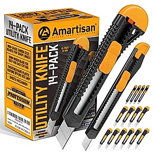 Amartisan 14-Piece Retractable Box Cutter, Utility Knifes for Boxes, Cartons, Cardboard Cutting, 18mm & 9mm Wide Blade Cutter, Very Suitable for Office and Home Use.