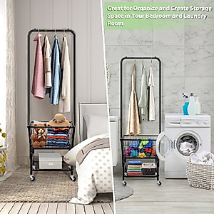 Mosxoed Laundry Cart with Wheels and Hanging Rack, Rolling Laundry Basket with Clothes Rack Laundry Butler with Wire Storage Rack Coat Rack for Laundry Bedroom Hallway, Black