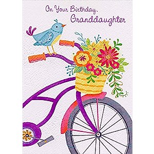 Designer Greetings Flower Basket on Purple Bike Birthday Card for Granddaughter