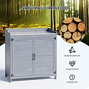 Gizoon Outdoor Potting Bench with Metal Tabletop, Double Doors Garden Potting Table with Adjustable Shelf, Wooden Planting Table Potting Stand for Backyard, Patio, Lawn -Grey