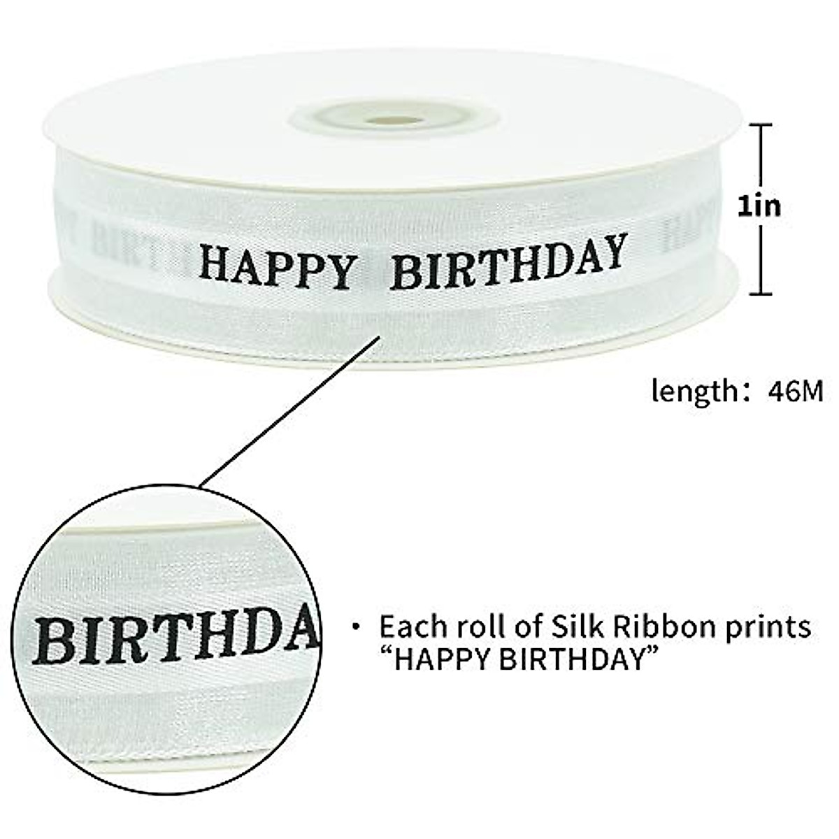 TONIFUL Happy Birthday Ribbon 1 Inch White Satin Silk Ribbons for Gift Wrapping 50 Yards Chiffon Organza Ribbon for Birthday Party Supplies Bouquet Wrapping Cake Box Wrapping Decoration
