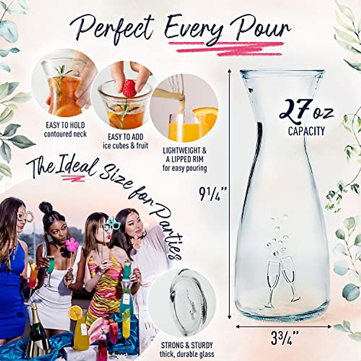 PRESTIGE Mimosa Bar Kit - Glass Carafe with Lids 27oz & Brunch Decor, Mimosa Pitcher w/Plastic Carafe Lid, Bubbly Juice Carafes for Mimosa Bar Supplies, Baby Bridal Shower (Mimosa Set (3 Carafes))