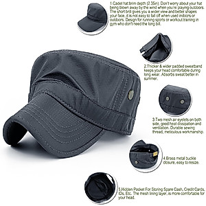 REDSHARKS womens Hidden Pocket Cadet Army Quick Dry Military Style Flat Top Baseball Dad Sun Cap, Grey, X-Large