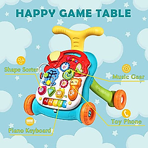 3 in 1 Sit to Stand Walker, Baby Push Walker with Musical Play Table, Speed & Height Adjustable Learning Walker for Baby for 12 Month and Up