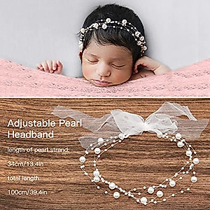 SPOKKI 2 PCS Baby Props Photography Wrap Kit, Newborn Photography Props, Handmade Pearl Wrap Blanket for Baby Photo Props with Pearl Headband, 35.5 X 67 inch Newborn Outfits for Photography (Pink)
