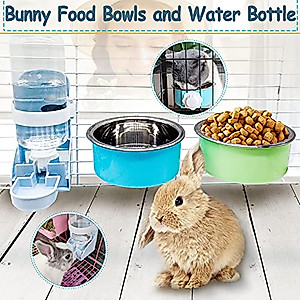 Hamiledyi Crate Bunny Food Bowl Removable Stainless Steel Pet Dog Cage Dual Bowls Plastic Hanging Water Fountain Automatic Bottle Food & Water Feeder Coop Cup for Rabbit Cat Puppy Guinea Pigs 3PCS