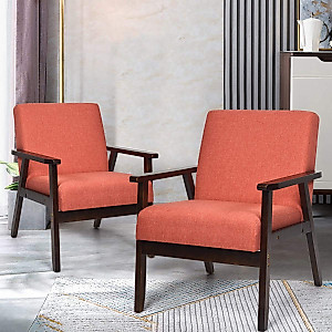 Giantex Set of 2 Mid-Century Modern Accent Chair, Retro Fabric Armchair, Solid Hardwood Made, Upholstered Linen Lounge Arm Chair for Living Room (Orange)