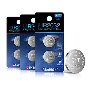CT-ENERGY LIR2032 Rechargeable Batteries 6 Pack for Airtag 3.6V Rechargeable 2032 Button Battery for Car Remote Key Replace 3V CR2032 ML2032