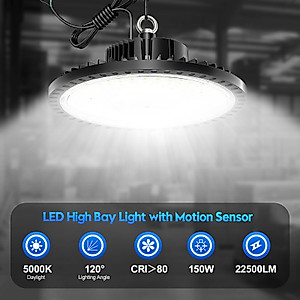 Sararoom 6Packs 150W UFO LED High Bay Light with Motion Sensor, 5000K LED Shop Light with Remote Control 3 Modes, 22500LM LED Work Shop Light with 2.5' Cable for Factories Garage Workshop