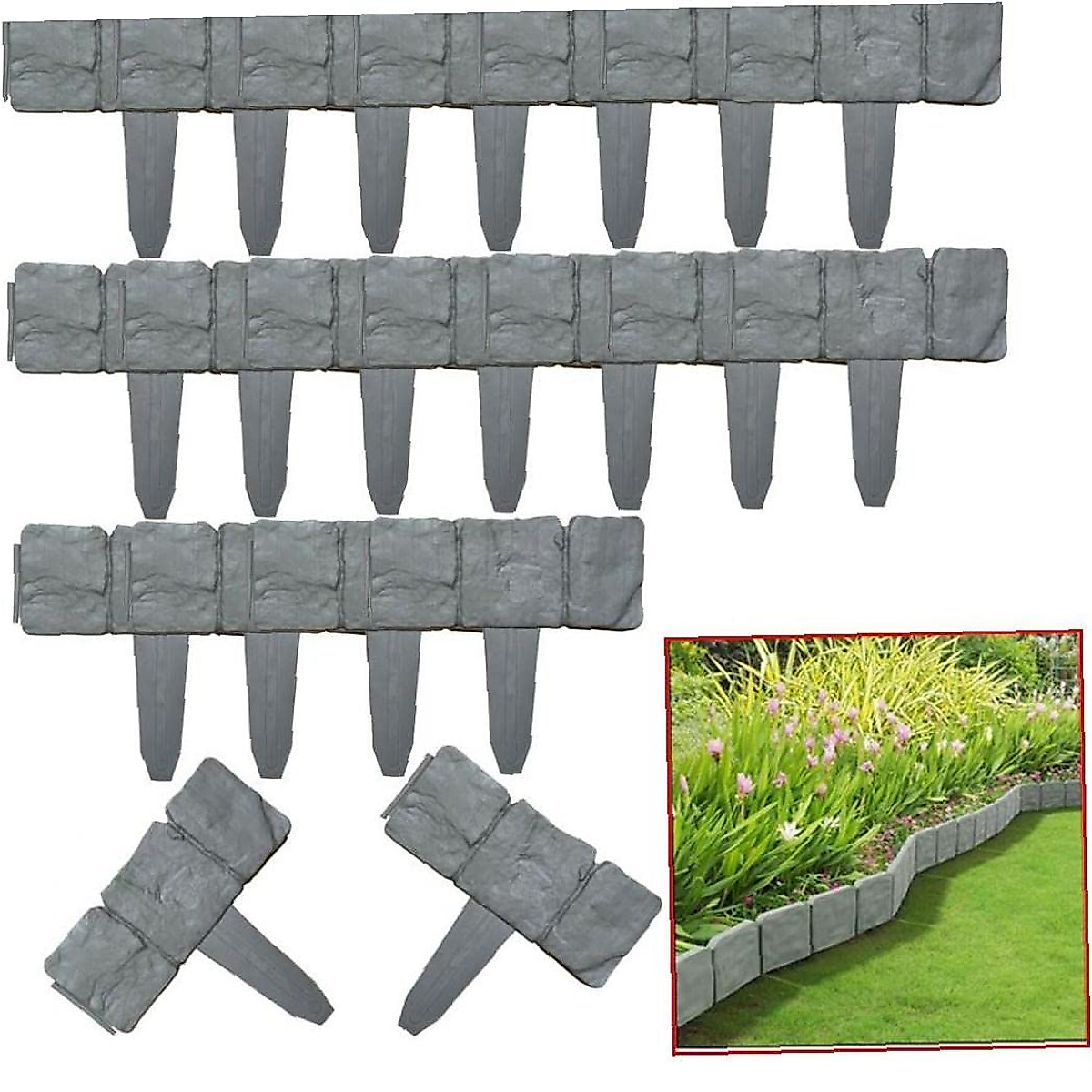 20pcs Plastic Stone Effect Garden Fence Decorative Flower Bed Border Edging Grey Interlocking Lawn Landscape Stakes