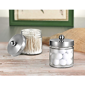 Bathroom Vanity Glass Storage Organizer Holder Canister Apothecary Jars for Cotton Swabs, Rounds, Balls, Qtips,Makeup Sponges, Flossers,Bath Salts - 2 Pack, Clear (Brushed Nickel)